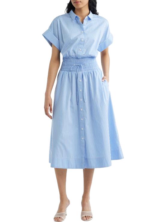 SPANX Striped Smocked Waist Cotton Midi Dress