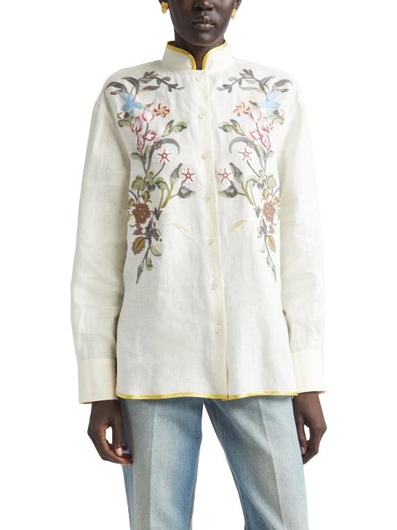 VALENTINO Floral Embroidered Linen Button-Up Shirt