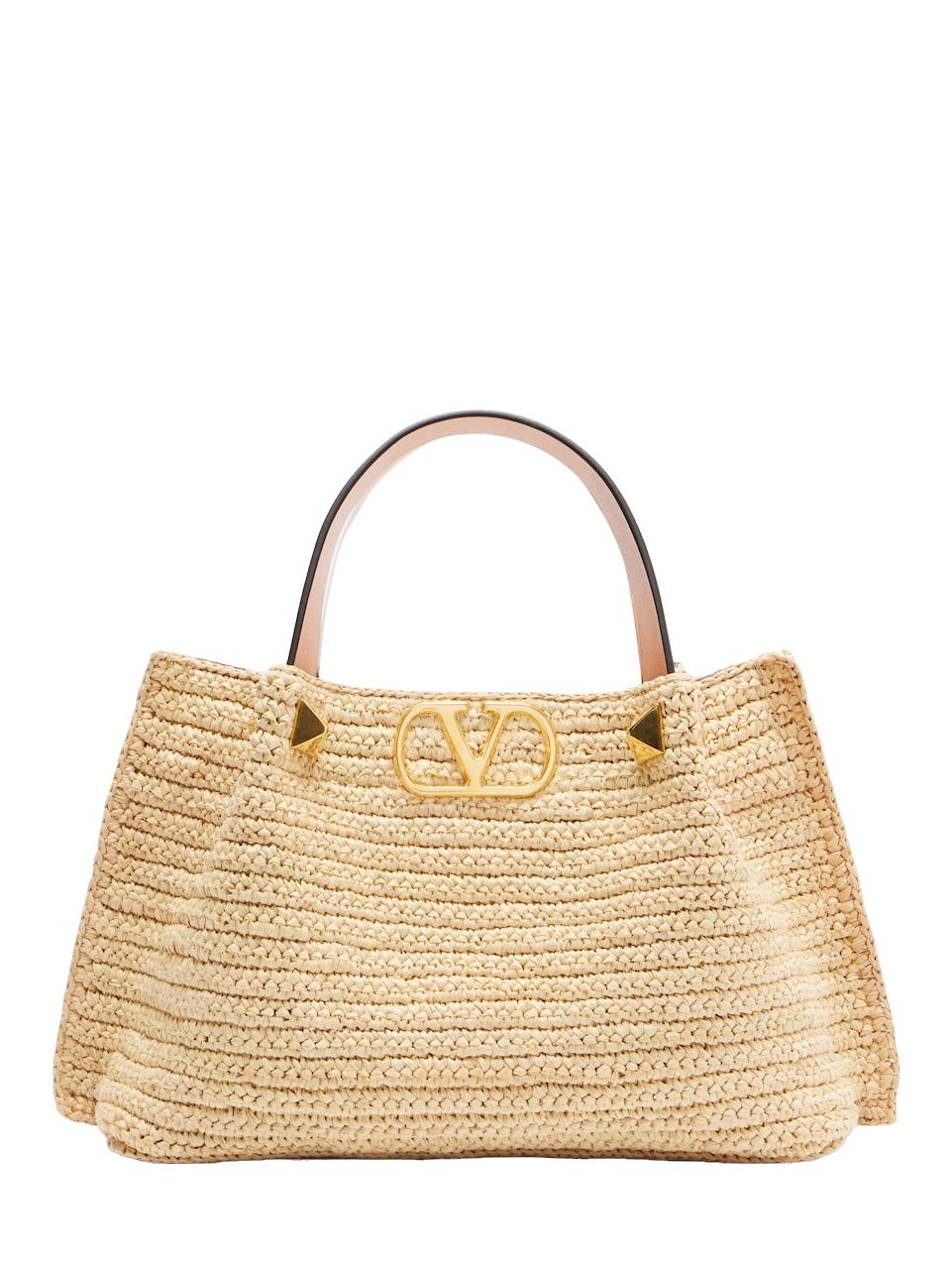 VALENTINO Valentino Garavani Roman Stud Leather and Raffia Slides