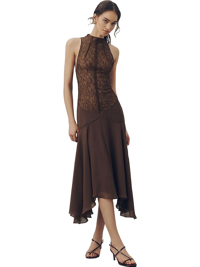 LIONESS LIONESS Stars Align Lace Trim Linen Blend Halter Midi Dress