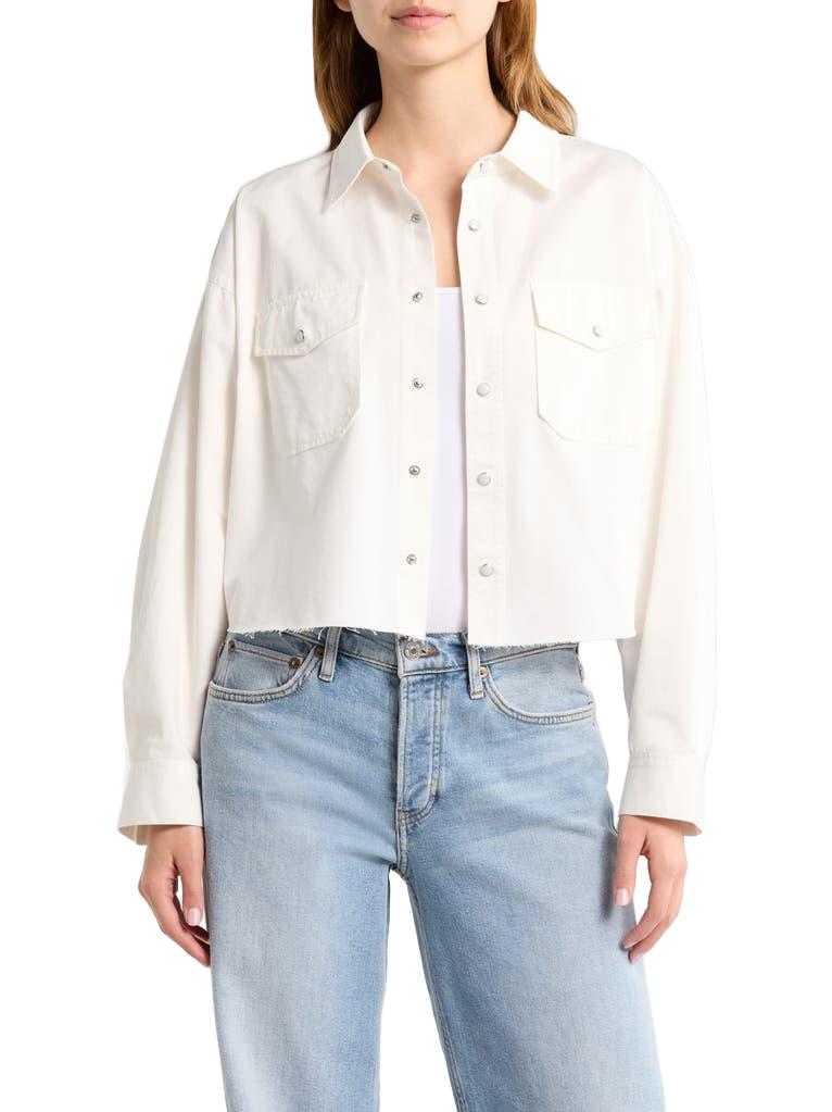 RE/DONE Camper Raw Hem Crop Snap-Up Twill Shirt