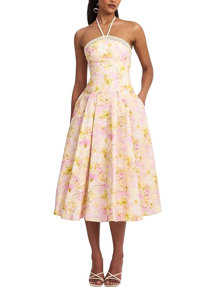 MISS CIRCLE Zaina Floral Print Linen Midi Dress with Lace Trim