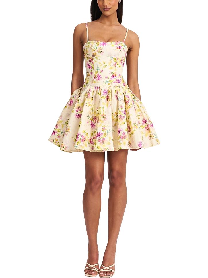 MISS CIRCLE Valda Floral Linen Mini Dress with Pockets