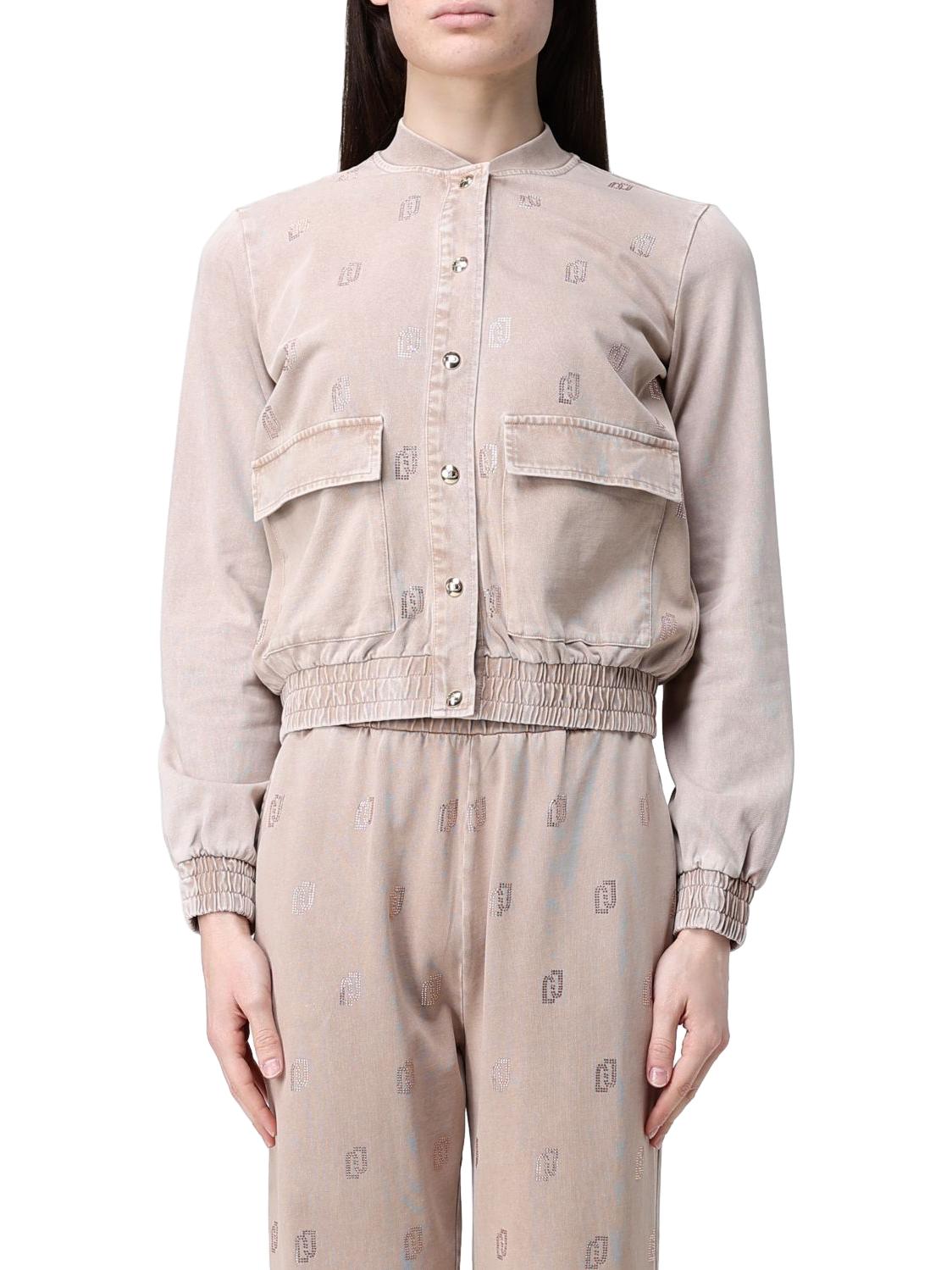 LIU JO Liu Jo Cotton Bomber Jacket with Rhinestone Logo Embellishment