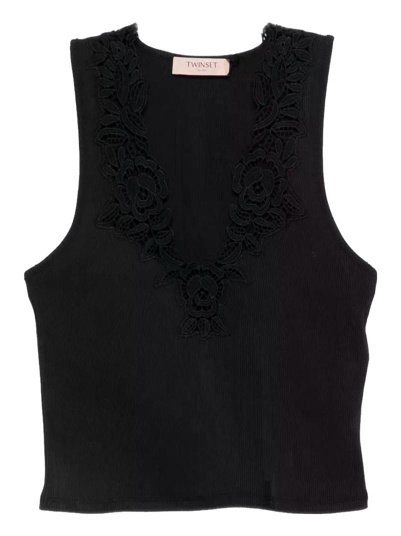 TWINSET TWINSET Ribbed Cotton V-Neck Tank Top with Scalloped Lace Trim