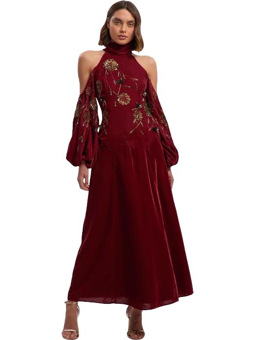 KAREN MILLEN Velvet Embroidered High Neck Maxi Dress