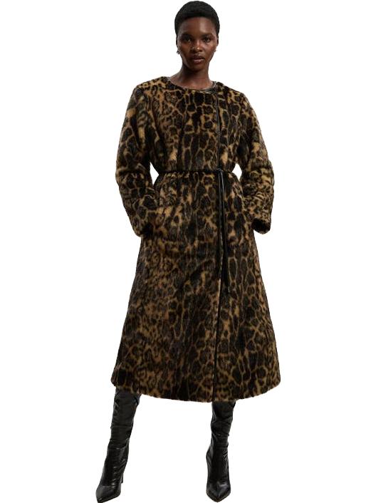 KAREN MILLEN Karen Millen Faux Fur Animal Print Belted Midi Coat