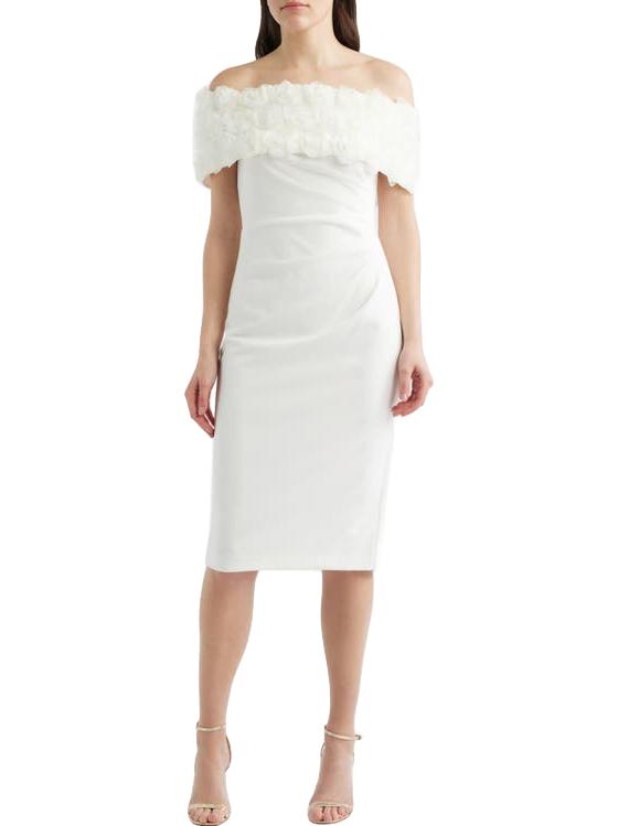 ELIZA J Floral Appliqué Off-The-Shoulder Scuba Crepe Sheath Dress
