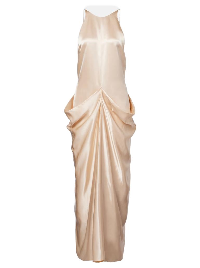 KHAITE Draped Gathered Satin Maxi Dress