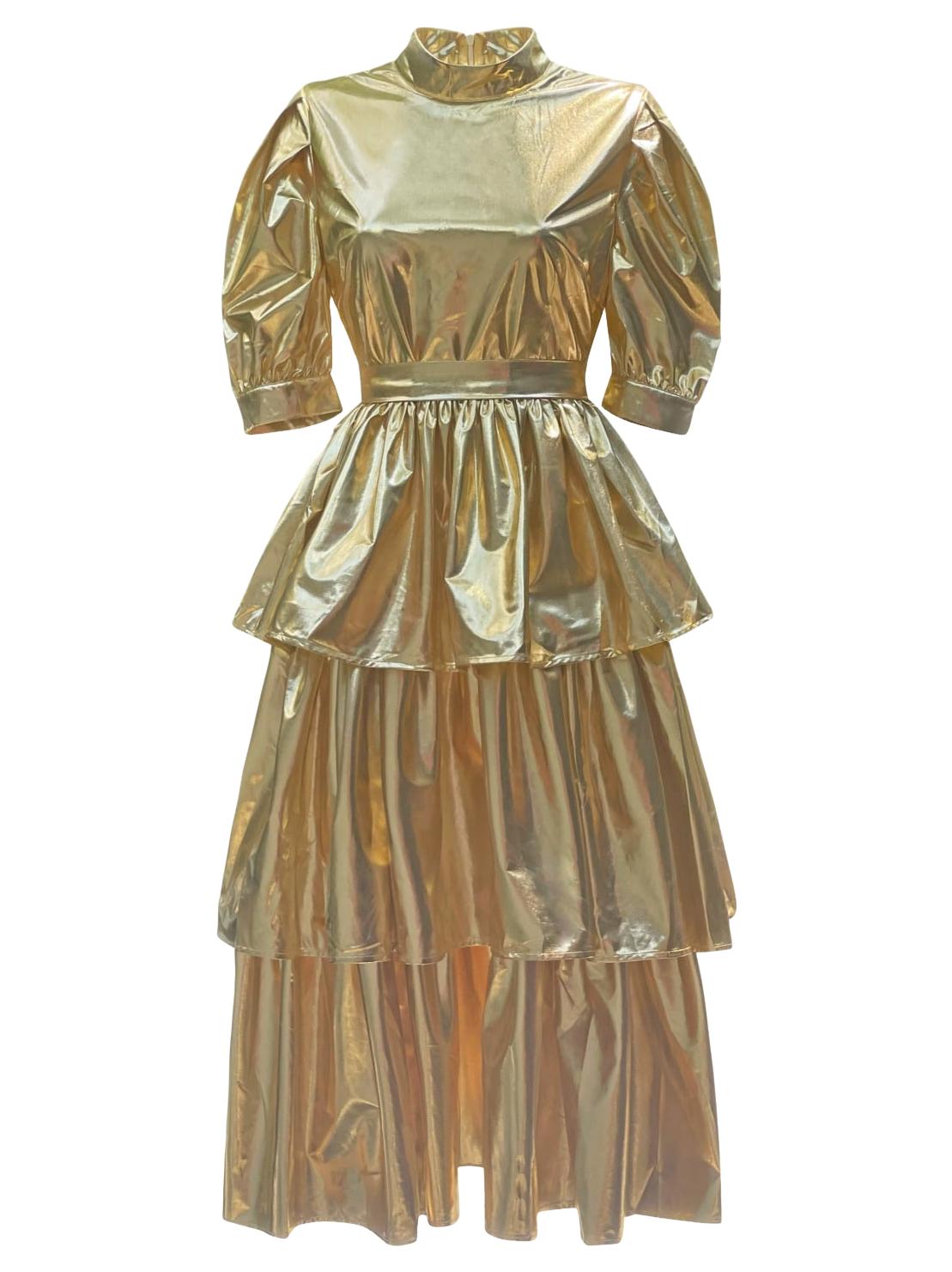 Self-Portrait Metallic Tiered Midi Dress In Gold - 50% Off | Editorialist Self-Portrait Metallic Tiered Midi Dress In Gold - 50% Off | Editorialist
