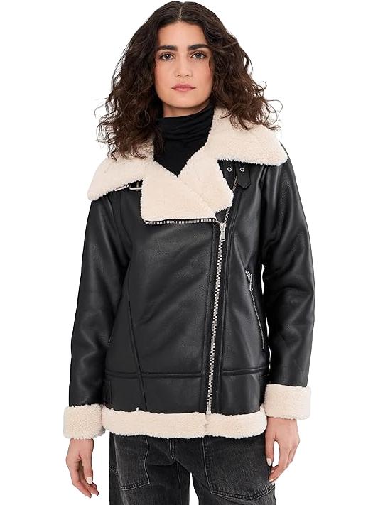 VINCE CAMUTO Vince Camuto Zip Front Faux Leather Jacket with Shearling Trim