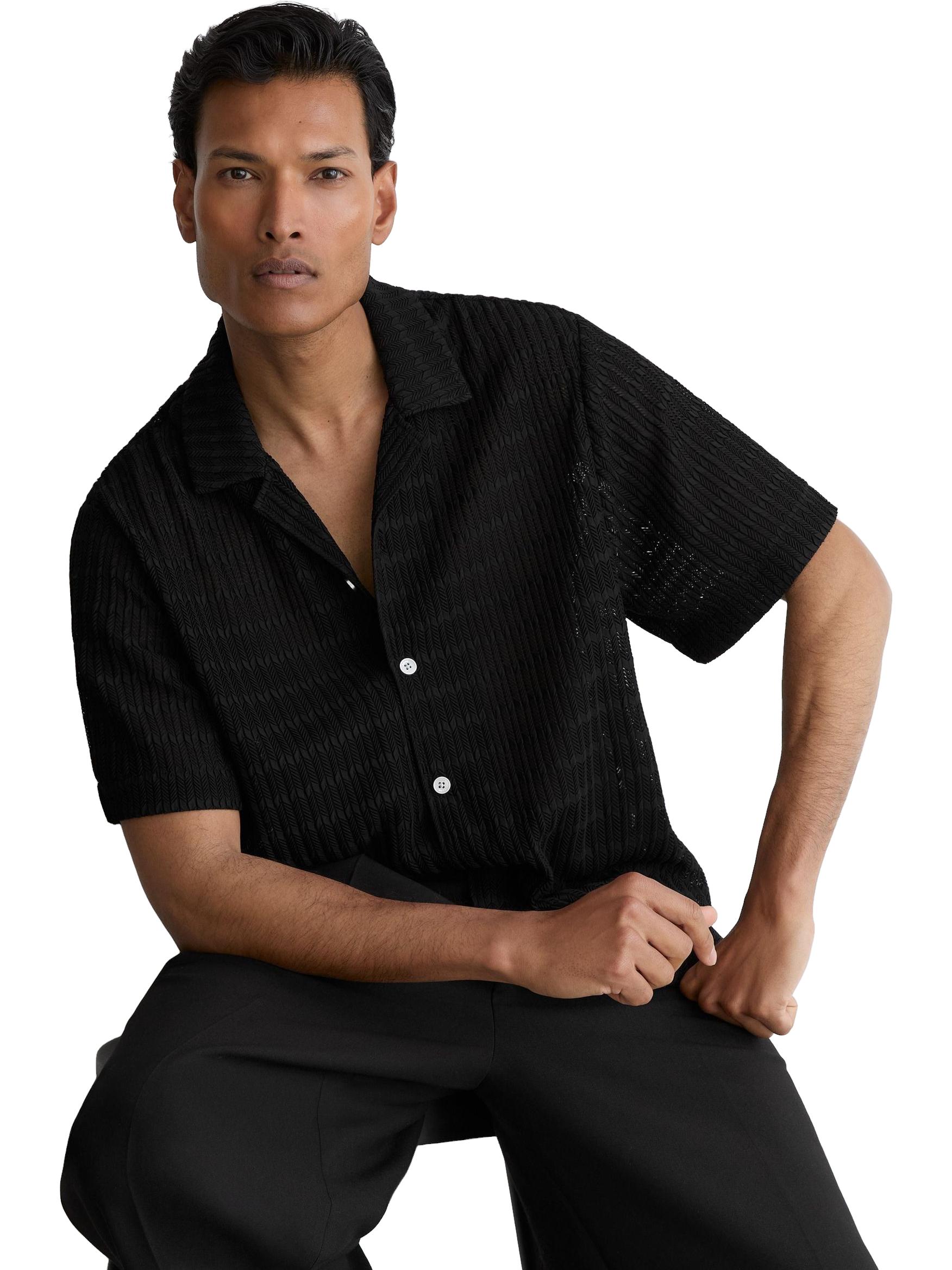 REISS sid chevron-crochet cuban-collar shirt