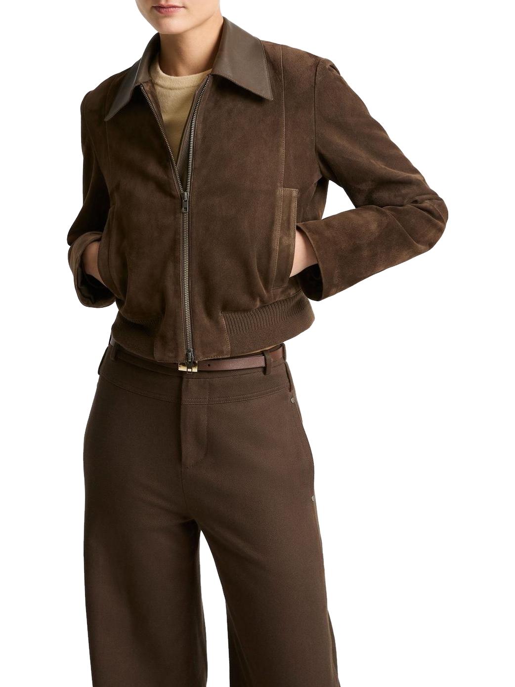 VINCE Vince Suede Shrunken Bomber Jacket with Leather Trim