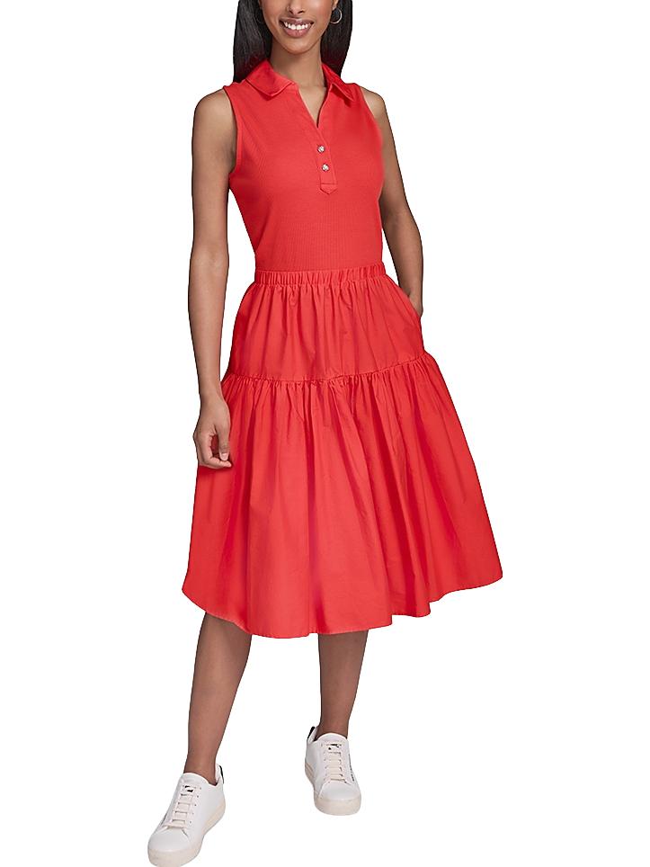 KARL LAGERFELD PARIS Karl Lagerfeld Paris Sleeveless Tiered Midi Dress with Collared Neckline
