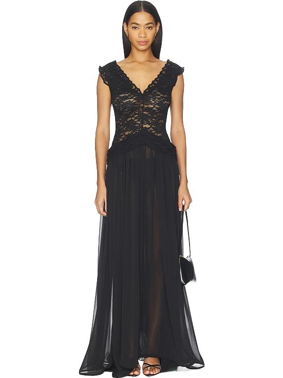 LOVESHACKFANCY Aureline Silk Lace Pleated Maxi Skirt