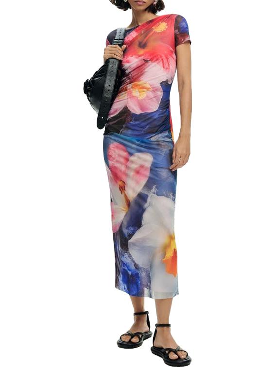 DESIGUAL Desigual Short Sleeve Floral Print Ruched Dress