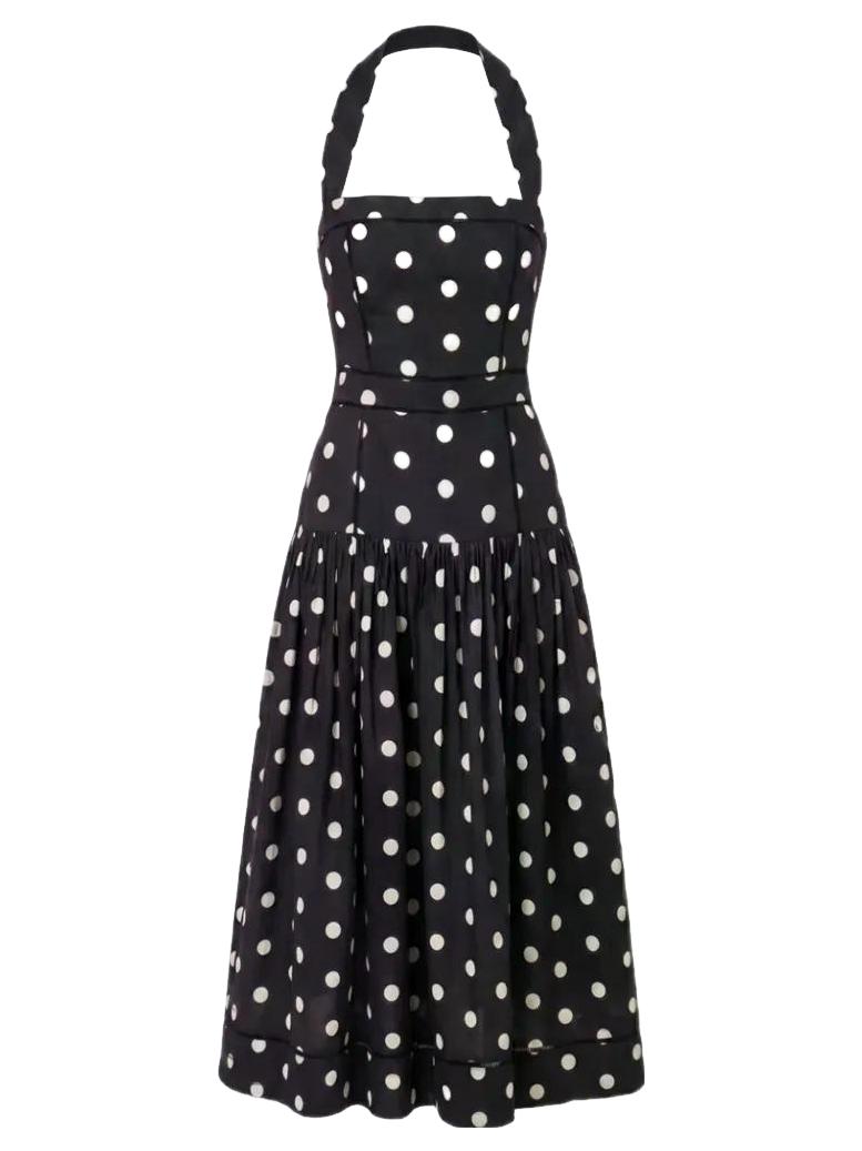 SAU LEE SAU LEE Tatiana Polka Dot Halterneck Gown with Structured Corset