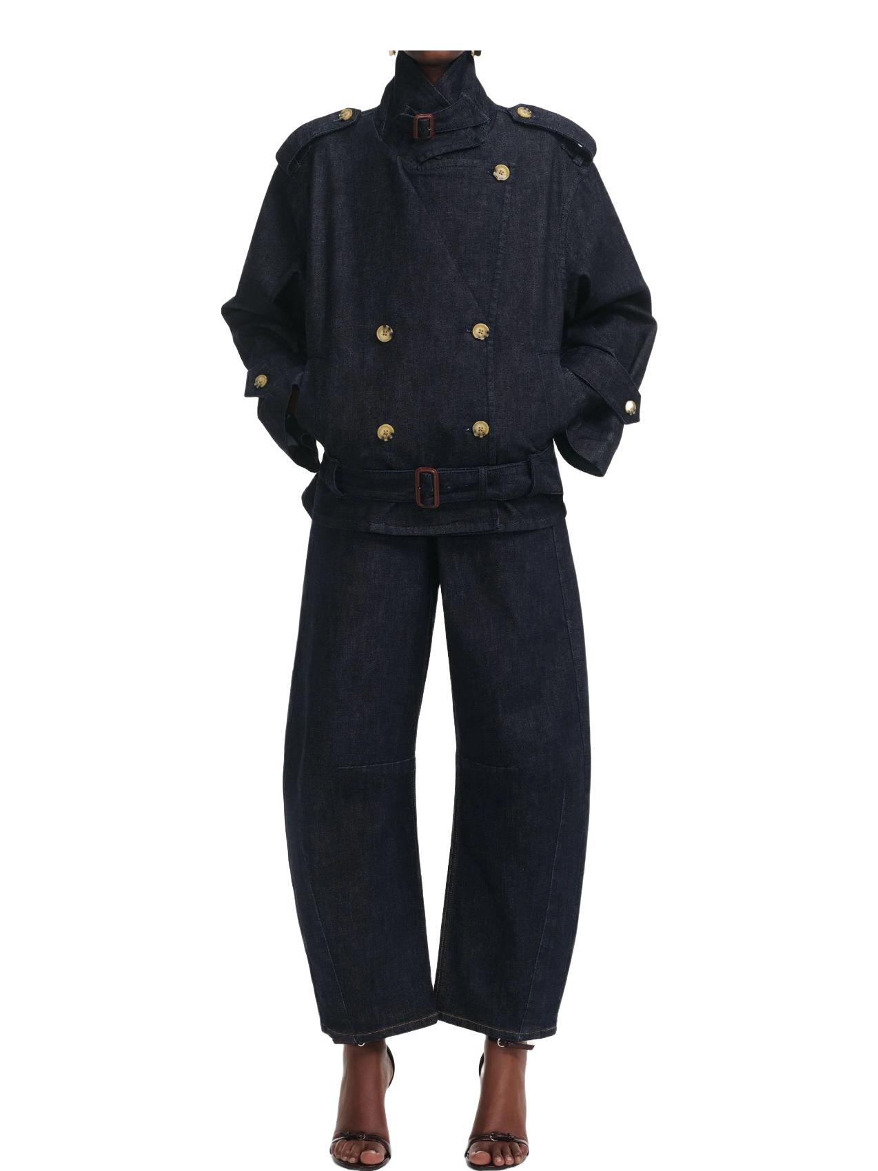 SELF-PORTRAIT Self-Portrait Belted Denim Jacket with Exaggerated Collar