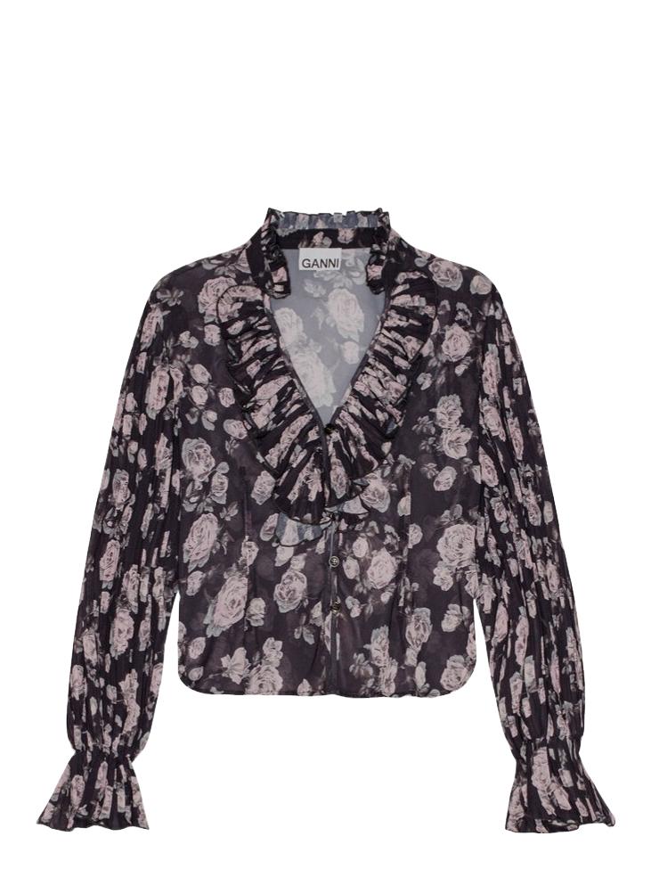 GANNI Ganni Floral Printed Pleated Georgette Blouse