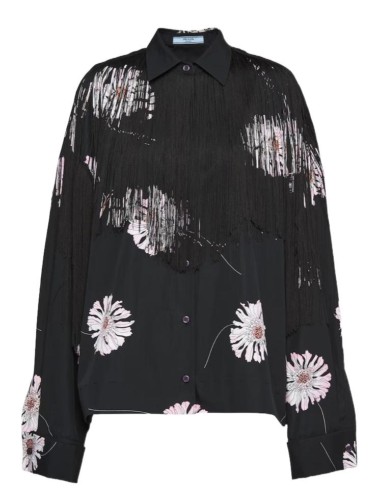 PRADA Prada Rose-Printed Long-Sleeved Fringed Shirt