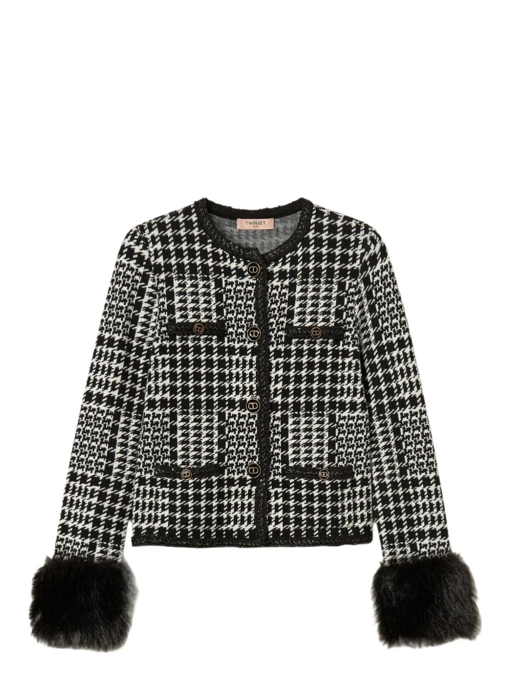 TWINSET Twinset Houndstooth Trimmed Jacket with Fur Cuffs
