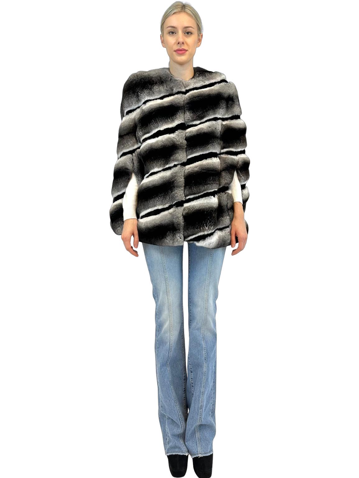 LISKA Liska Round Collar Fur Jacket with Stripe Detail