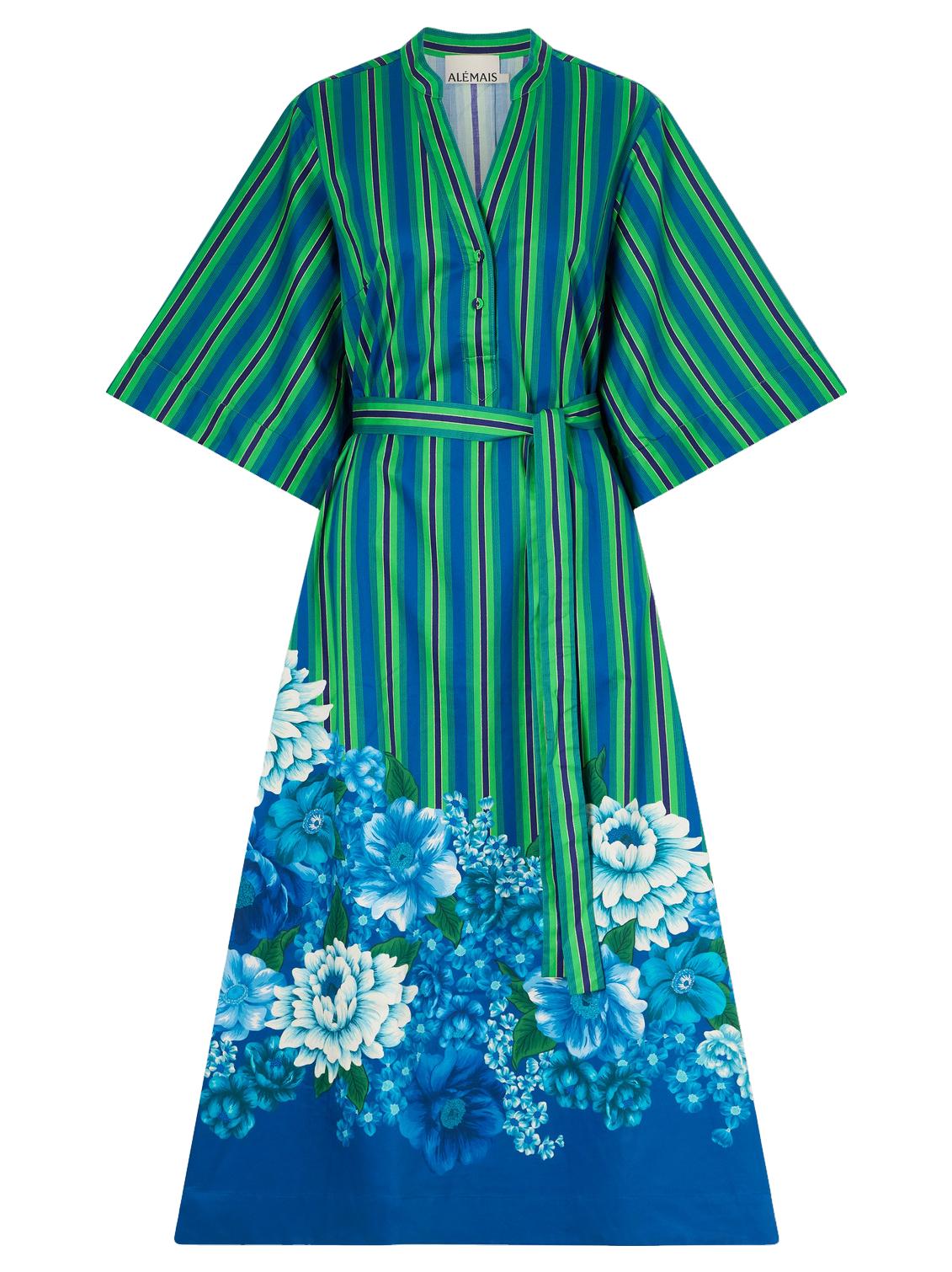 ALEMAIS ALÉMAIS Margo Belted Striped Floral-Print Organic Cotton-Poplin Midi Dress