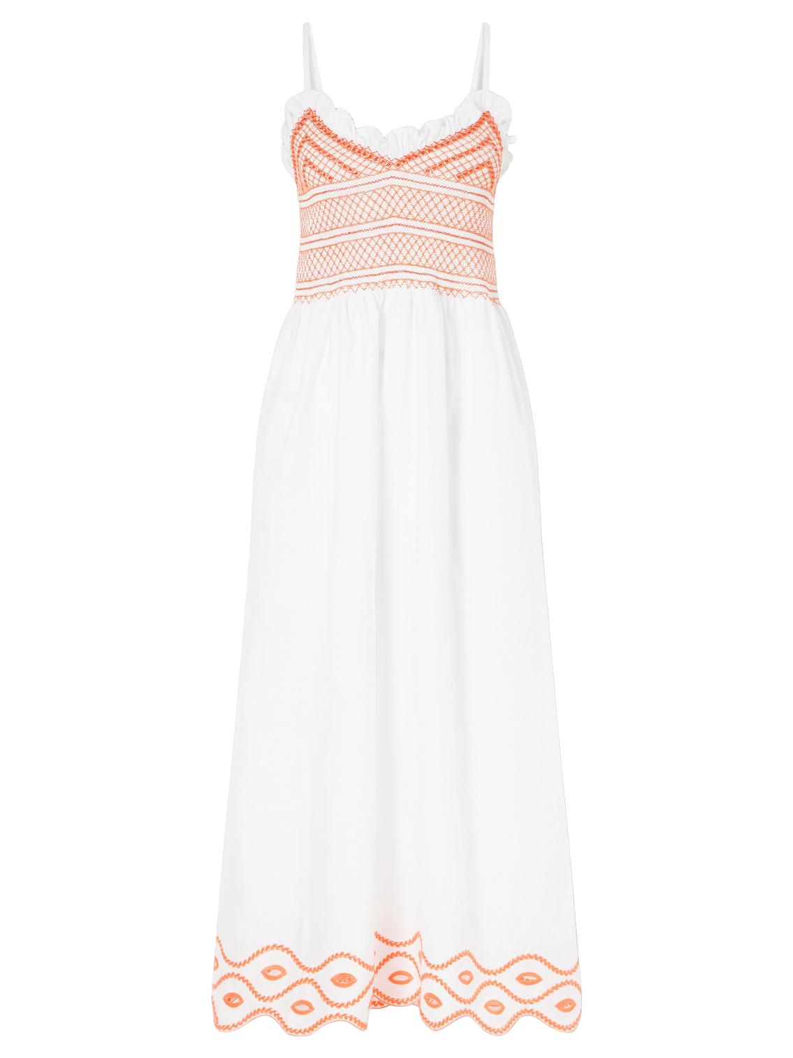 LORETTA CAPONI Loretta Caponi Bianca Embroidered Shirred Cotton Midi Dress