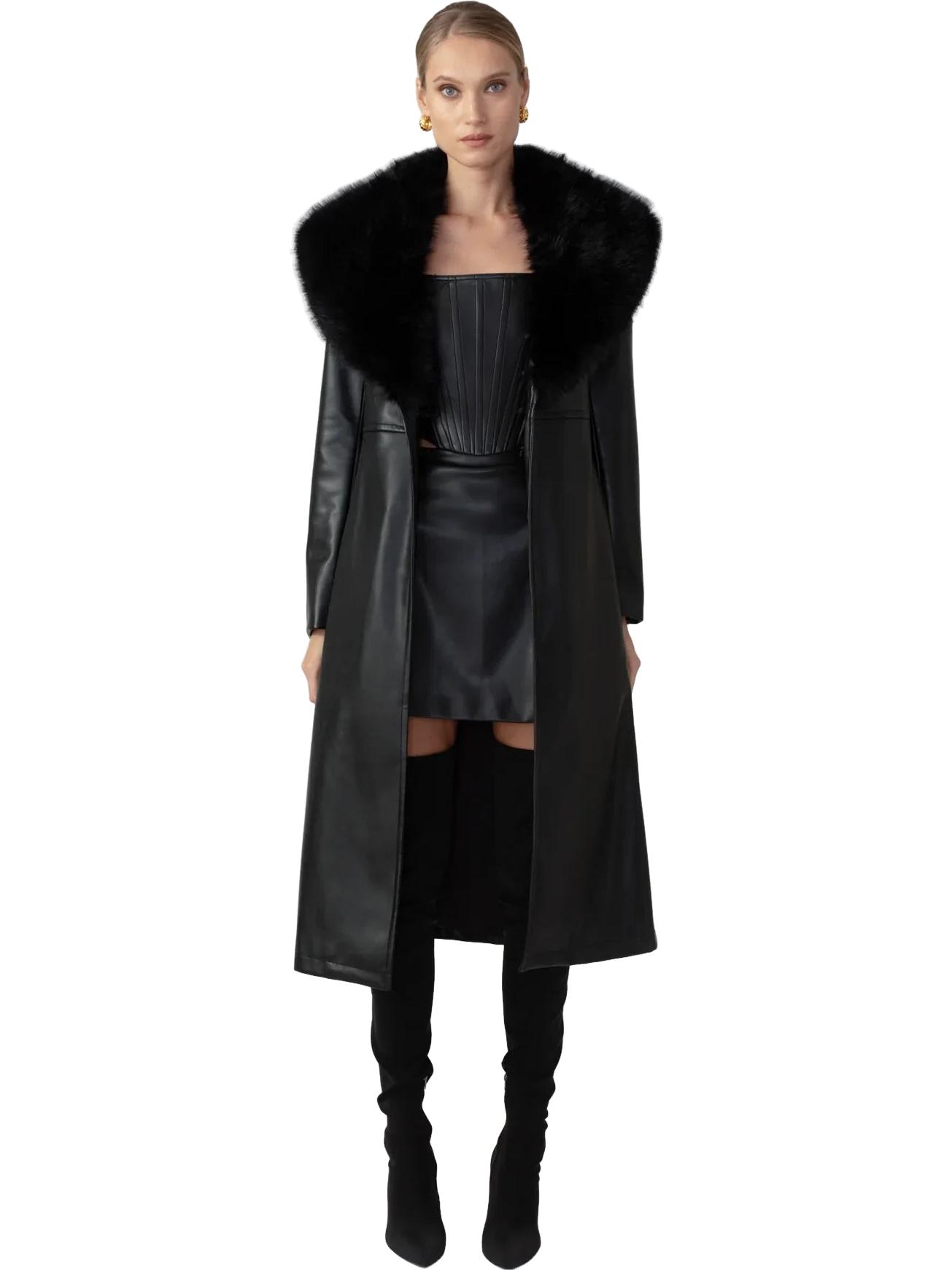 SAU LEE SAU LEE Simone Belted Faux Leather Overcoat with Detachable Faux Fur Shawl Collar