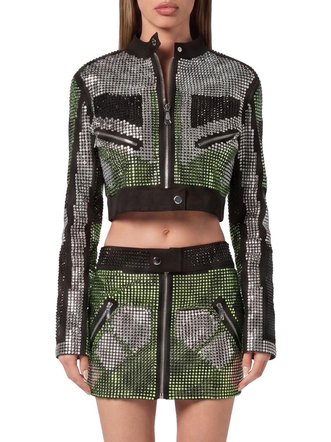 PHILIPP PLEIN Philipp Plein Cropped Suede Biker Jacket with Rhinestones