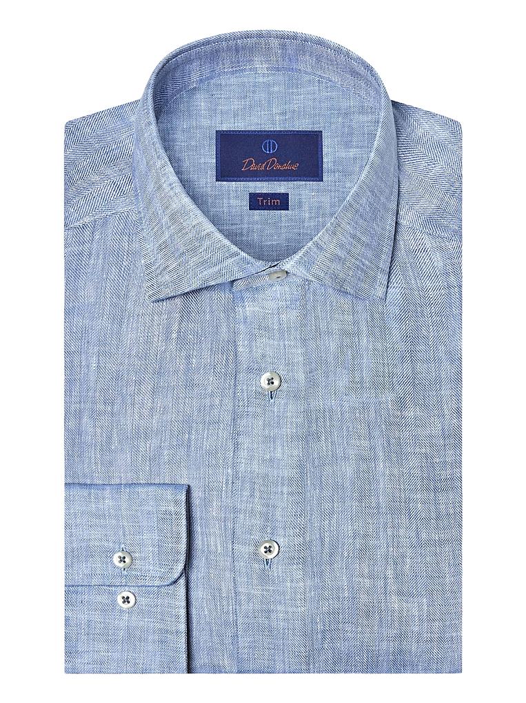 DAVID DONAHUE trim fit linen herringbone dress shirt