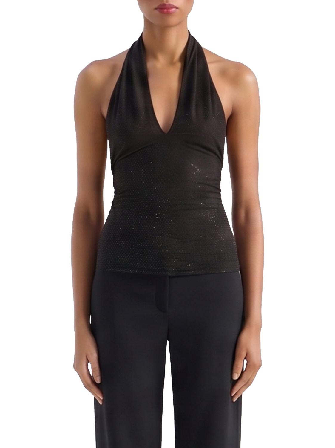 GENNY Genny Black Tulle Halter Neck Top with Crystal Embroidery