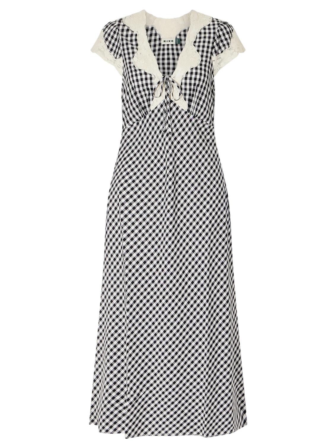 RIXO RIXO Amari Checked Woven Midi Dress with Lace Trim and Bow Detail
