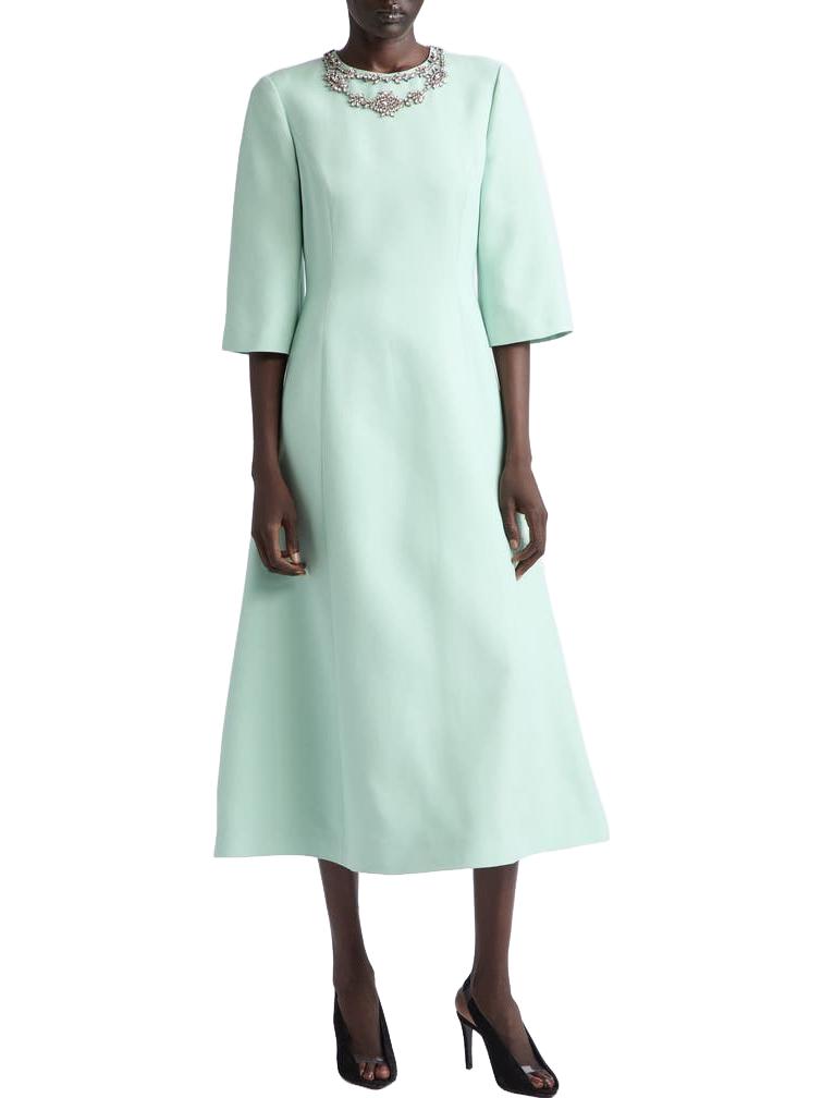 VALENTINO Valentino Garavani Rhinestone Embellished Wool & Silk Crepe Couture Fit and Flare Dress