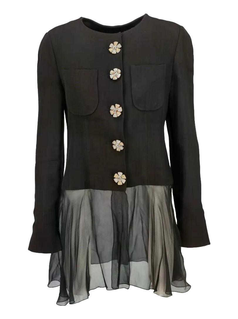 KARL LAGERFELD Karl Lagerfeld Vintage Embellished Flower-Button Sheer-Hem Jacket