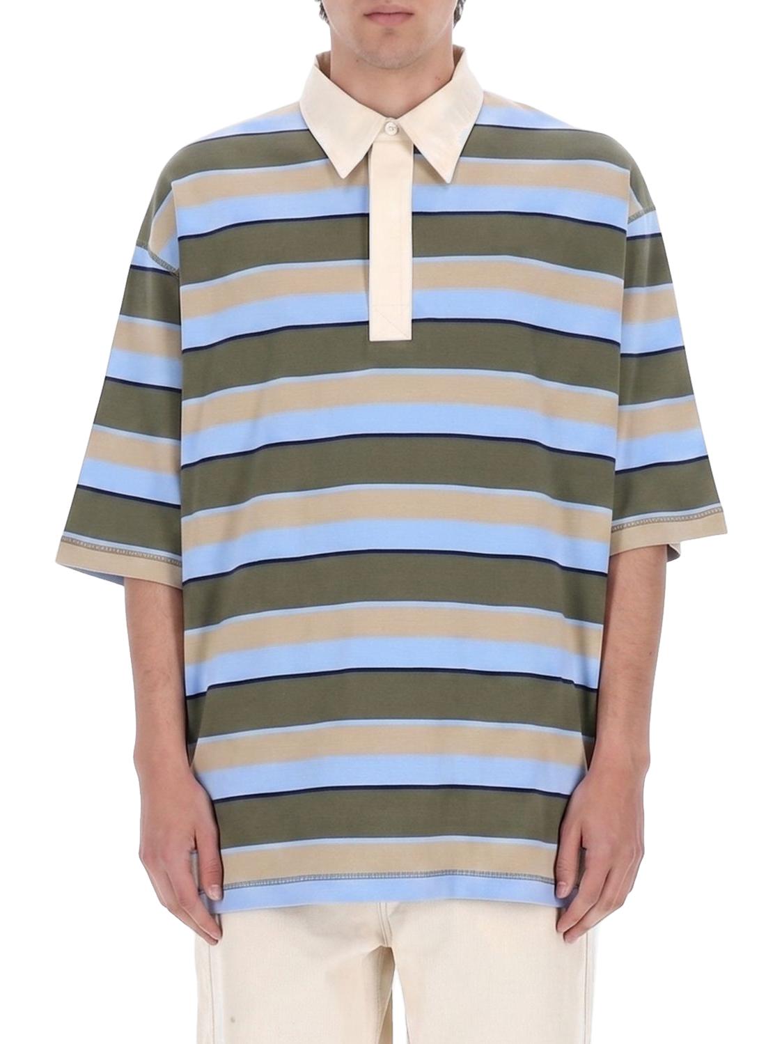 AMI striped relaxed fit cotton polo shirt with concealed placket and french collar