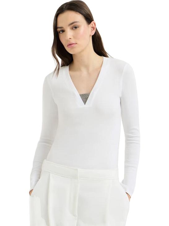BRUNELLO CUCINELLI Brunello Cucinelli Stretch Cotton Ribbed Jersey V-Neck Top with Precious Insert