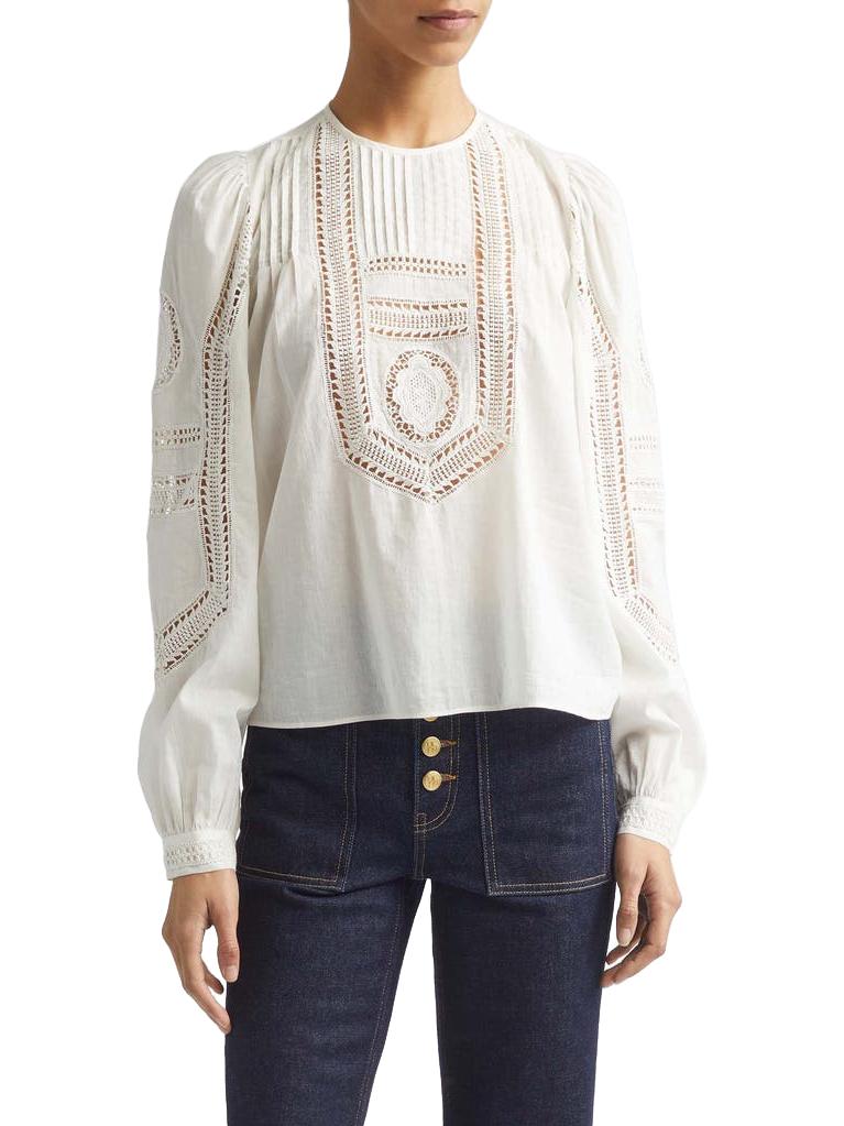 ULLA JOHNSON Ulla Johnson Marlowe Long Sleeve Cotton Top with Pintucks and Lace