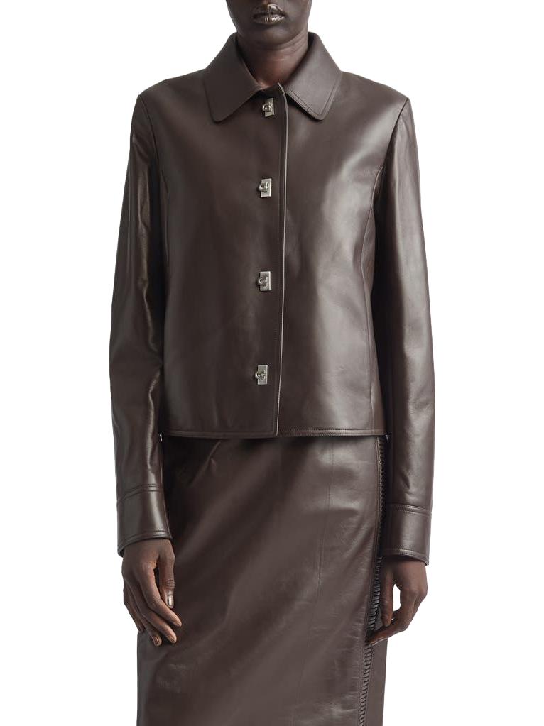SALVATORE FERRAGAMO FERRAGAMO Boxy Lambskin Leather Jacket with Gancio Turnlock Closures