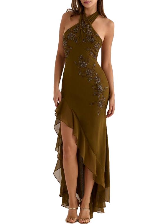 HOUSE OF CB HOUSE OF CB Raquel Georgette Halter Maxi Gown with Floral Embroidery and Ruffles