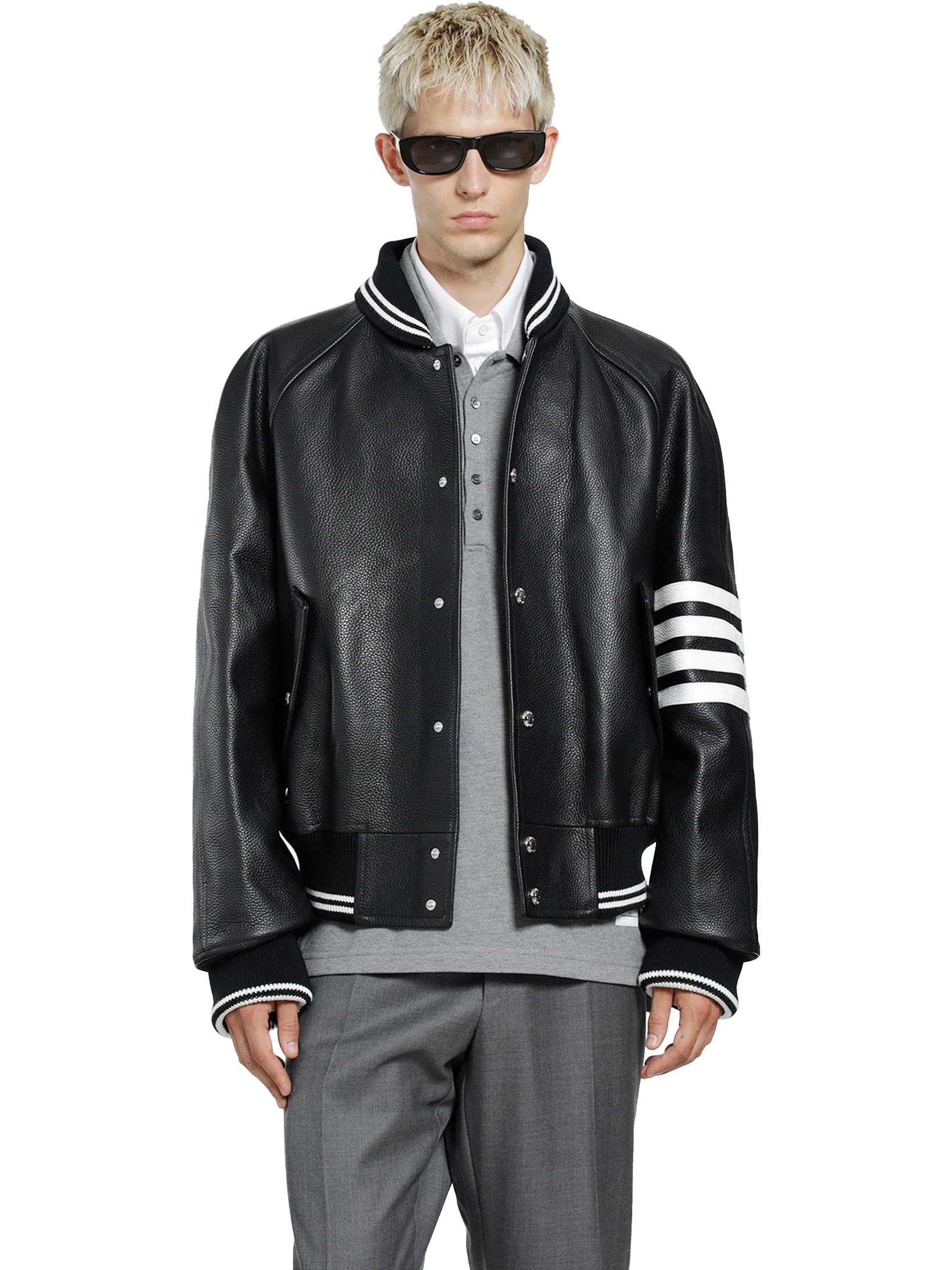 THOM BROWNE Thom Browne Leather Varsity Bomber with Signature Stripes