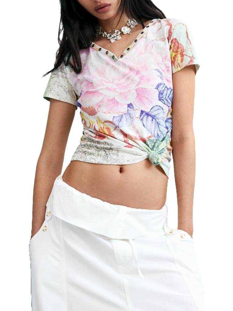 DESIGUAL Desigual Floral V-Neck Cotton Jersey Top
