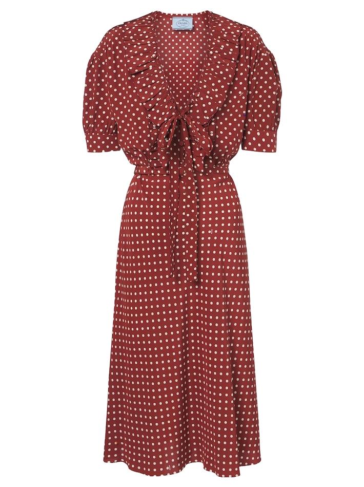 PRADA polka-dot ruffled silk midi dress