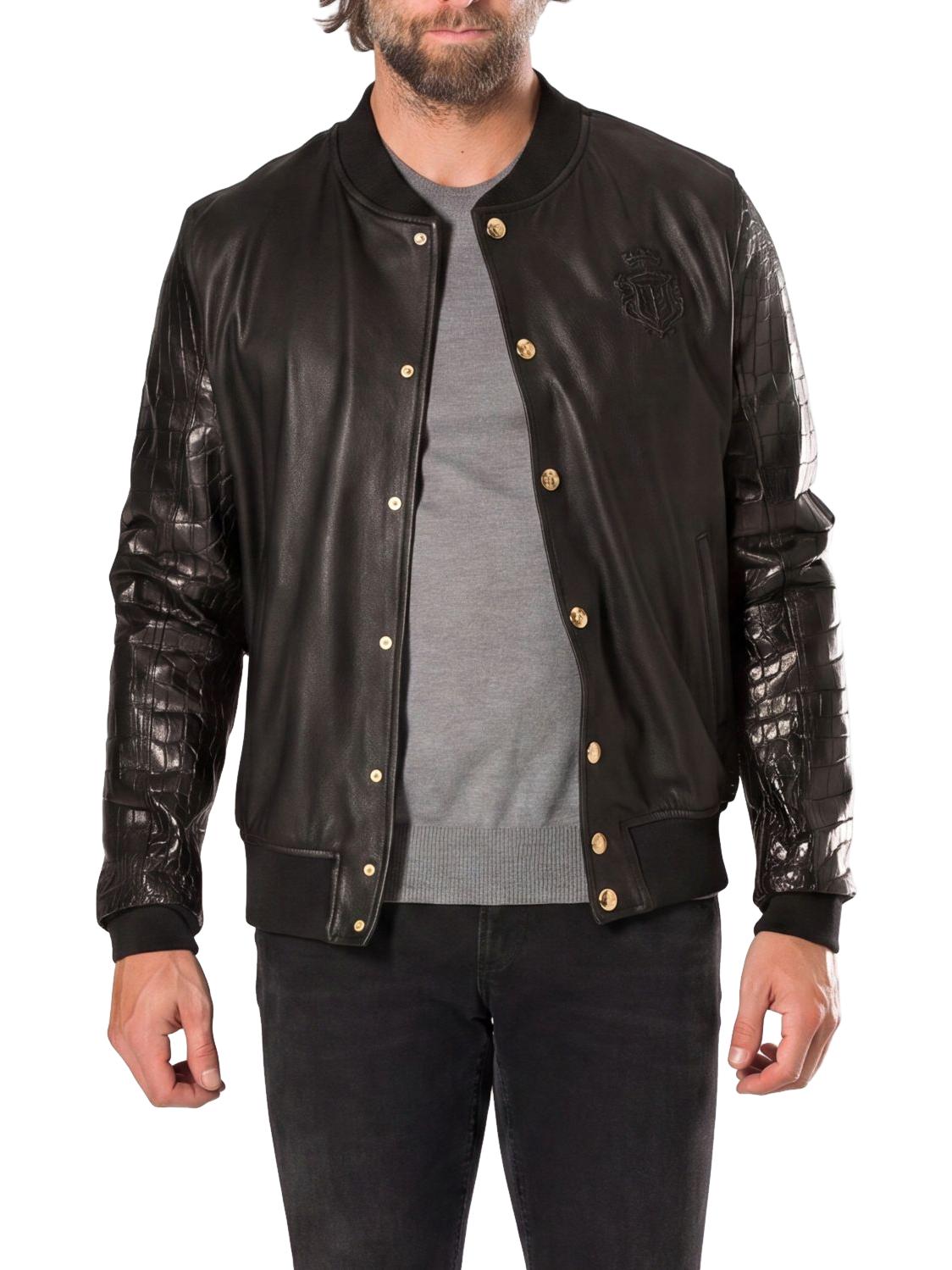 BILLIONAIRE Billionaire Crocodile and Nappa Leather Bomber Jacket with Snap Buttons