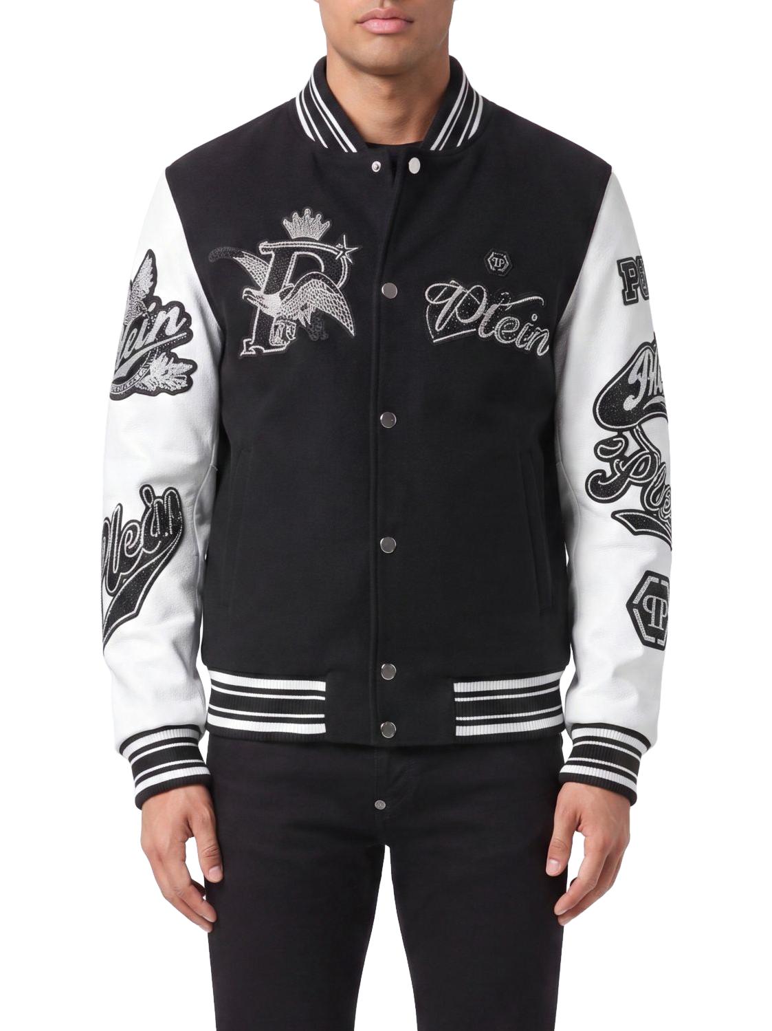 PHILIPP PLEIN Philipp Plein Calfskin Bomber Jacket with Embroidered Logo and Contrast Trim