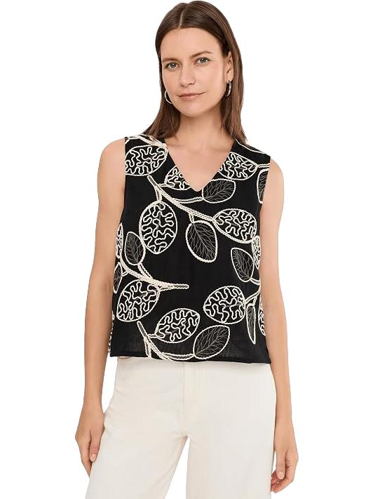 VINCE CAMUTO Vince Camuto Sleeveless V-Neck Blouse with Leaf Print