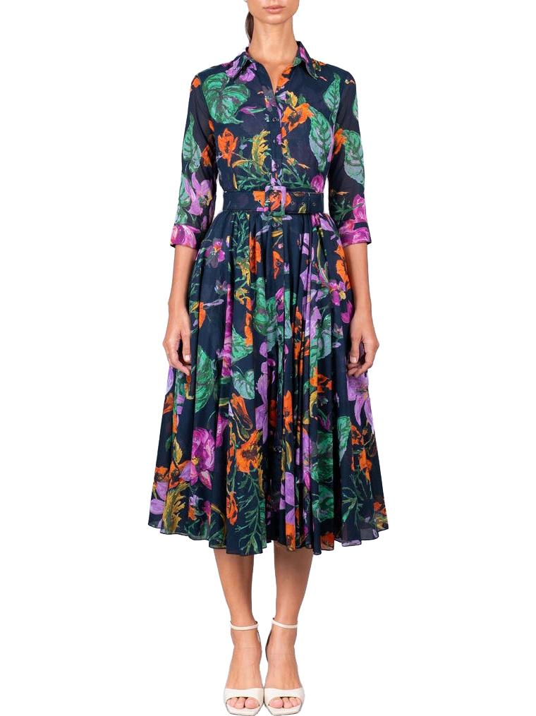 SAMANTHA SUNG Samantha Sung Floral Print A-Line Midi Shirt Dress with Belt