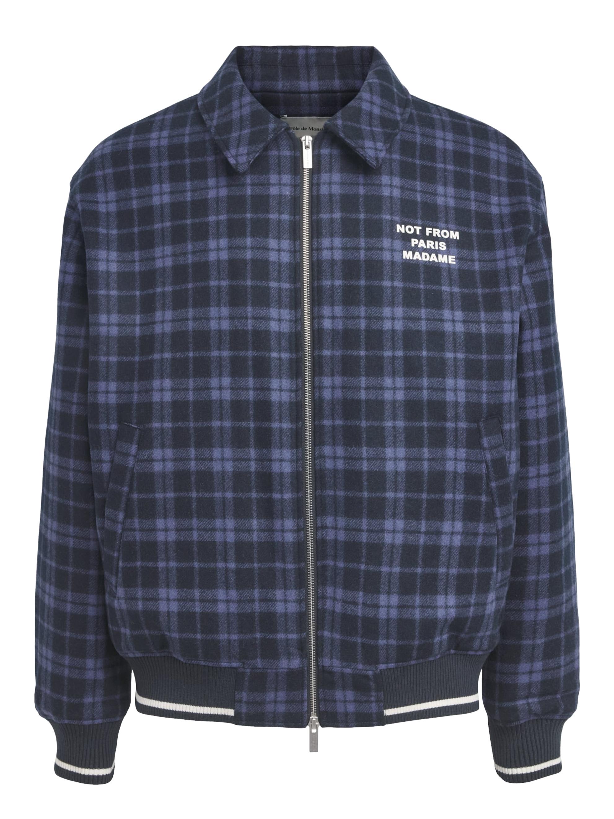 DROLE DE MONSIEUR Drôle De Monsieur Checked Flannel Zip-Up Jacket with Slogan Detail