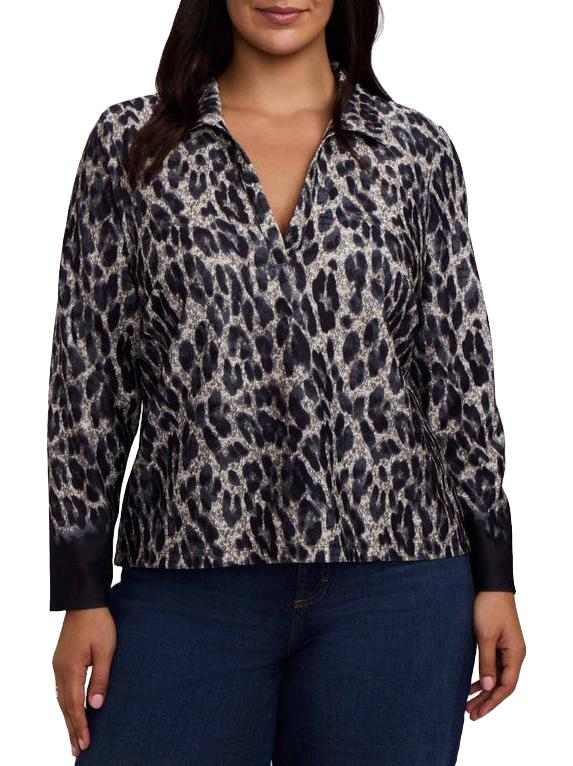 FOXCROFT Foxcroft Talia Cheetah Print Crepe Knit Long Sleeve Polo