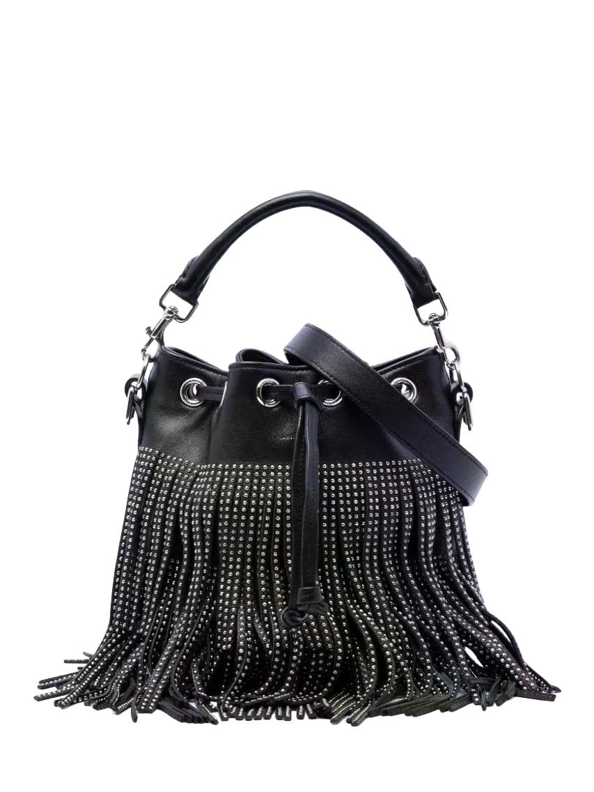 SAINT LAURENT Saint Laurent Small Studded Calfskin Fringe Bucket Bag